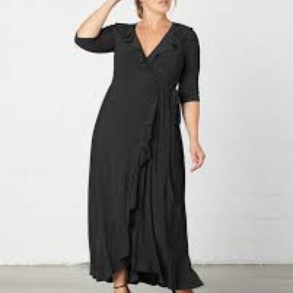 Kiyonna | Dresses | New Kiyonna Maritime Black Ruffle Wrap Maxi Dress ...